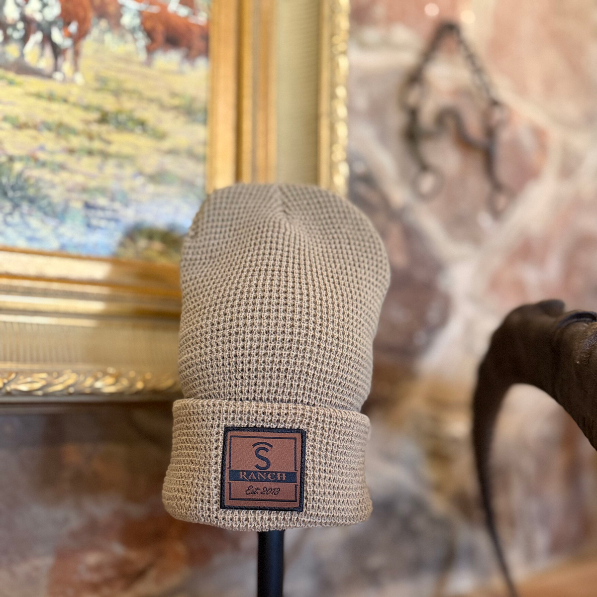Covered S Ranch Beanie-Waffle Texture with Leather Patch